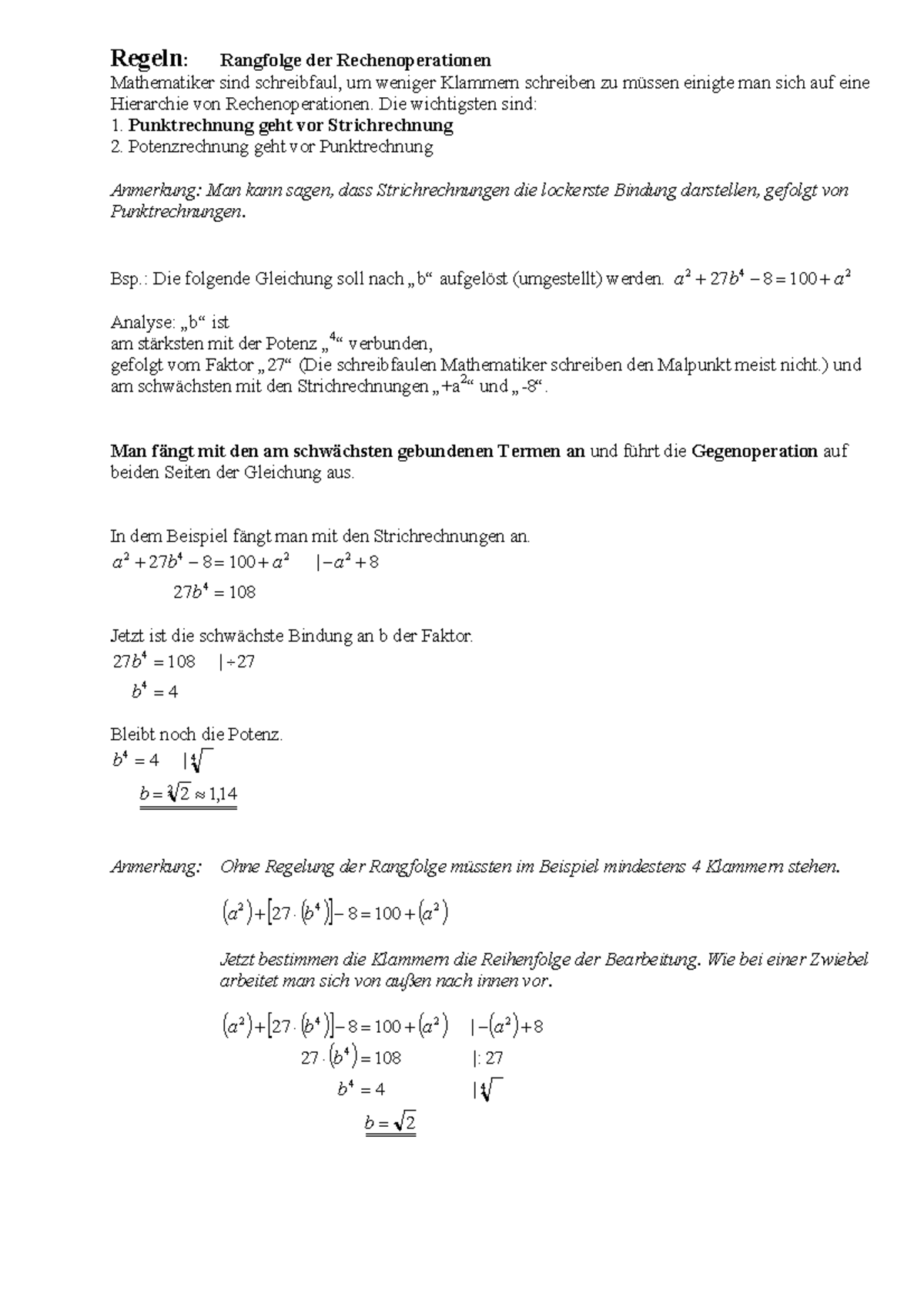 Formelsammlung Algebra - Regeln: Rangfolge der Rechenoperationen ...