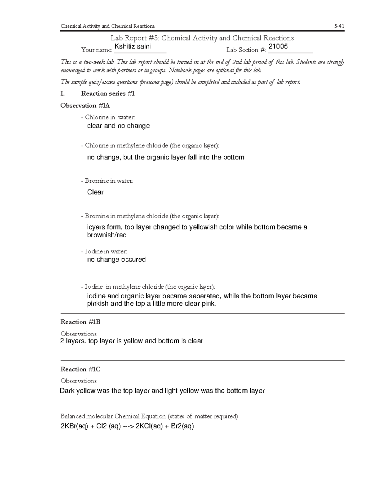 Lab Report 5 answers - Chem-C125 - IUPUI - Studocu