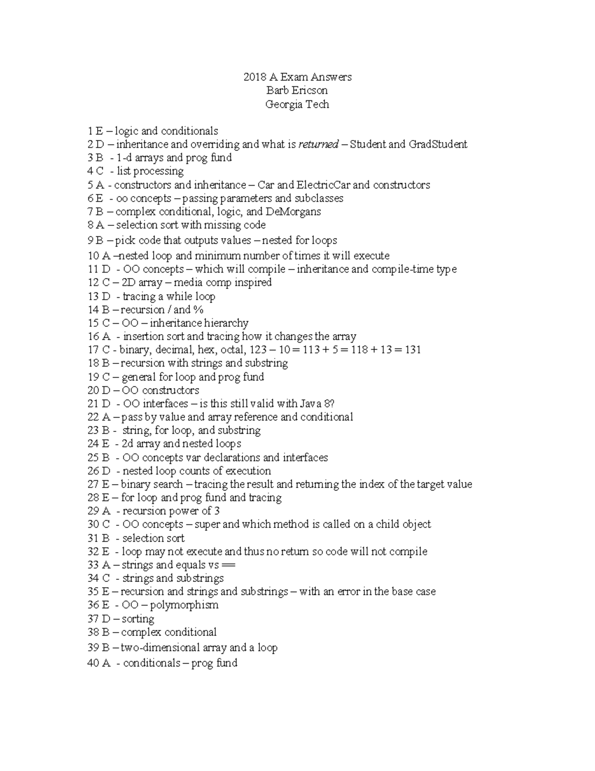 Ap CSA 2018 answer - 2018 A Exam Answers Barb Ericson Georgia Tech 1 E ...