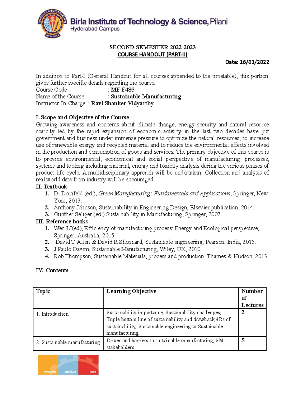 MF F485 SM Handout - SECOND SEMESTER 2022- COURSE HANDOUT (PART-II) Date: 16/01/ In addition to ...