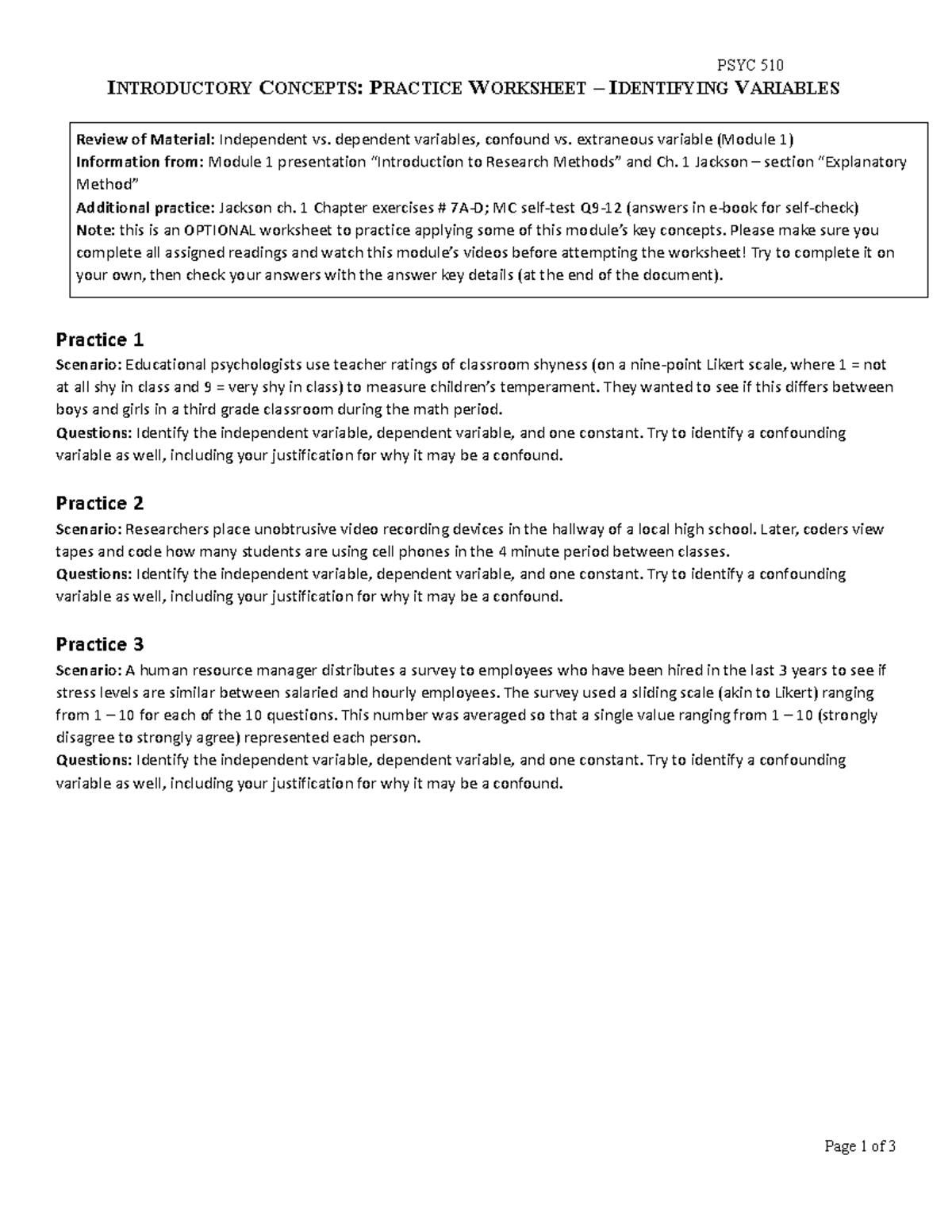Introductory Concepts Practice Worksheet - Identifying Variables - PSYC ...