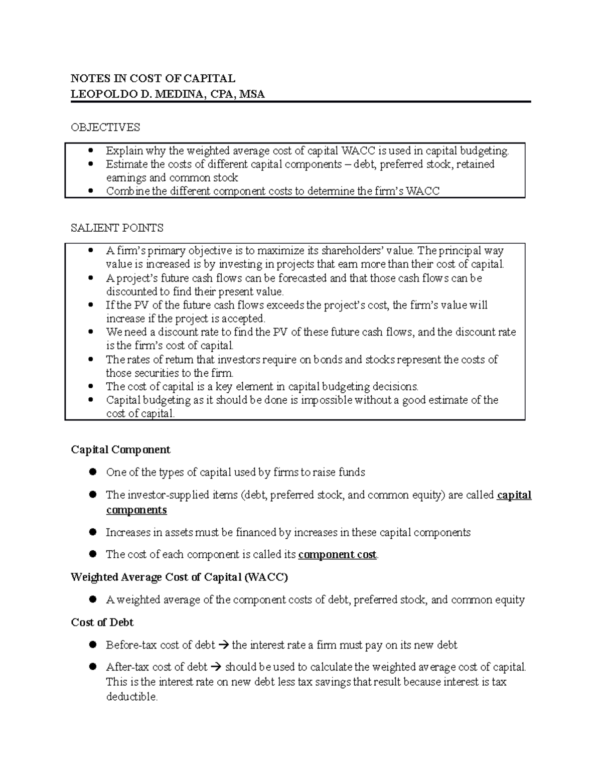 02 Notes IN COST OF Capital - NOTES IN COST OF CAPITAL LEOPOLDO D ...
