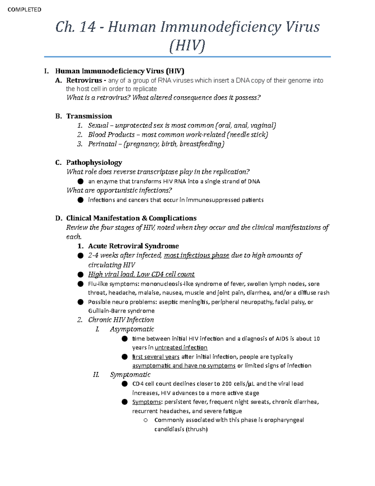 AH Ch. 14 - Infection, HIV Outline - Ch. 14 - Human Immunodeficiency ...