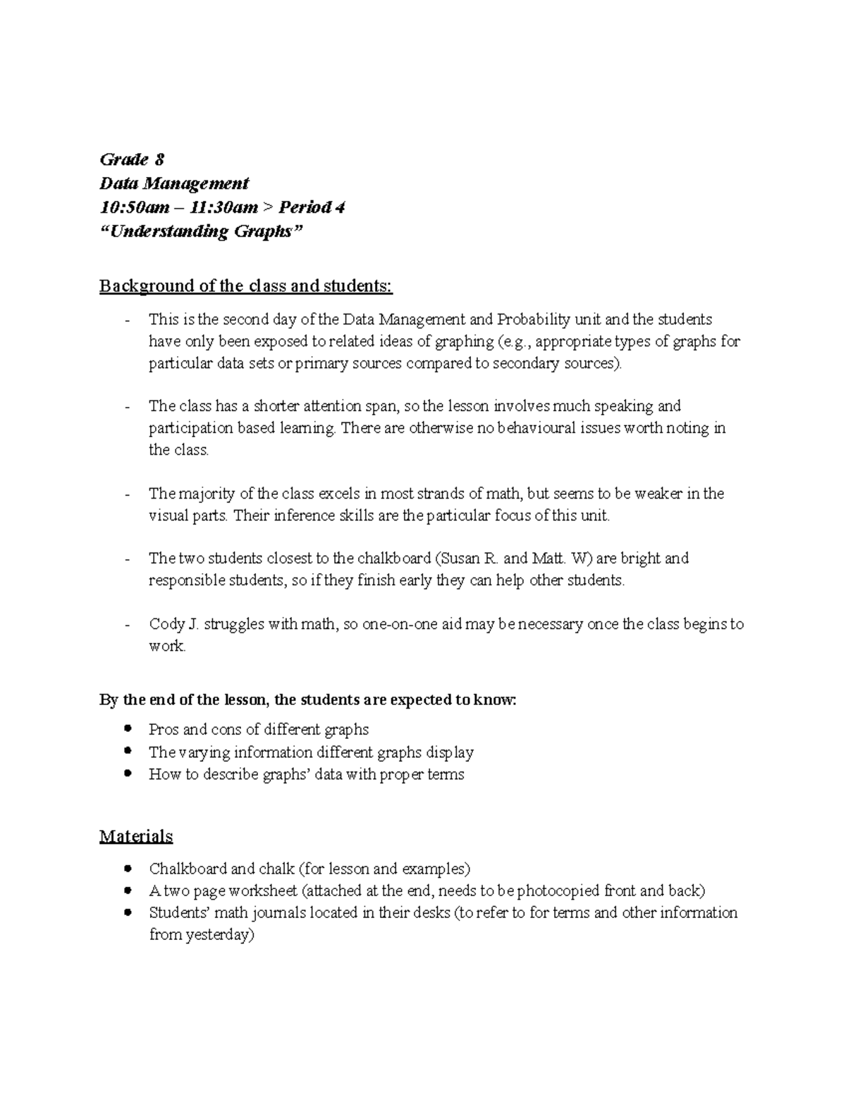 Lesson Plan - Grade 8 Data Management 10:50am – 11:30am > Period 4 ...