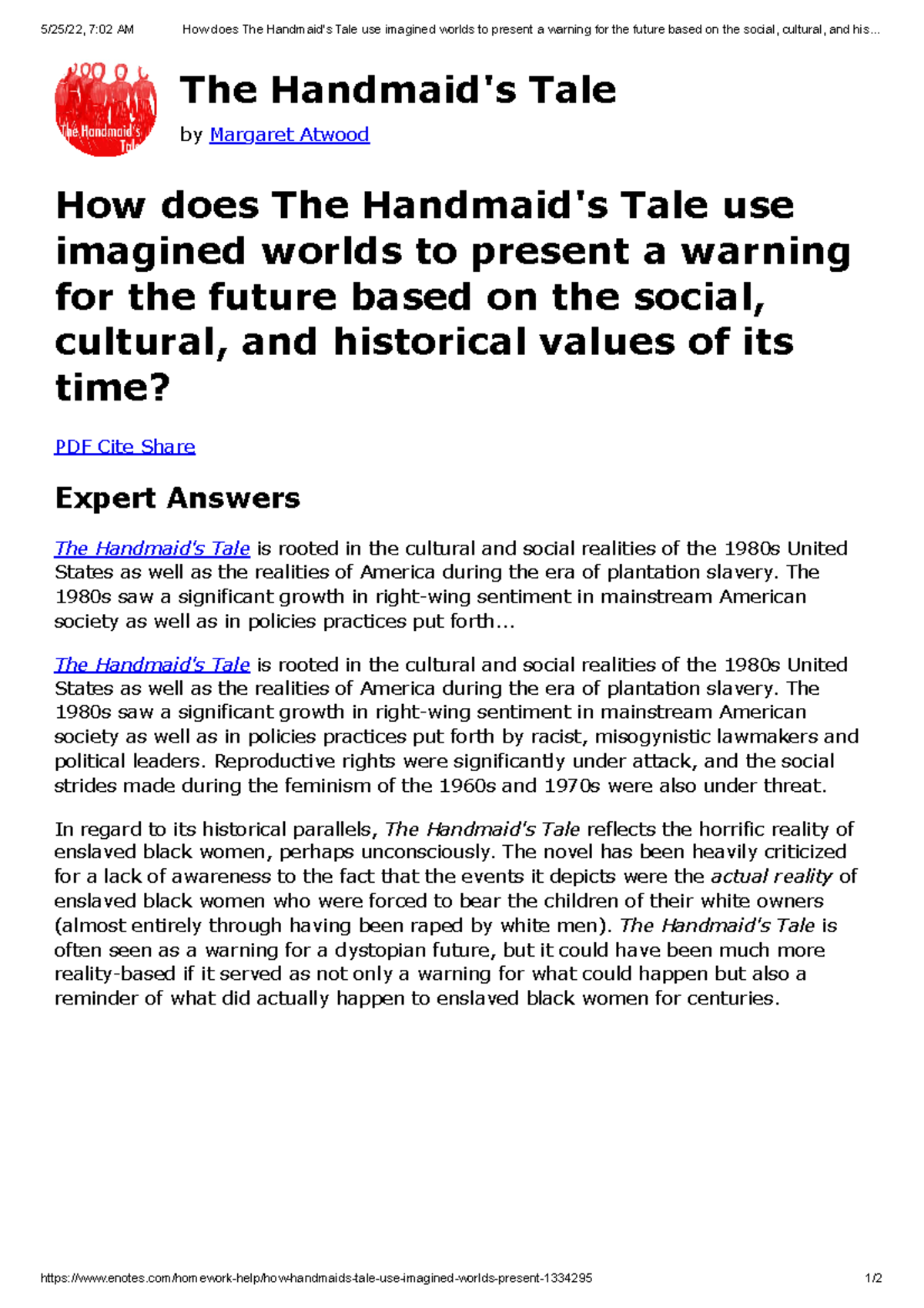 How does The Handmaid's Tale use imagined worlds to present a warning ...