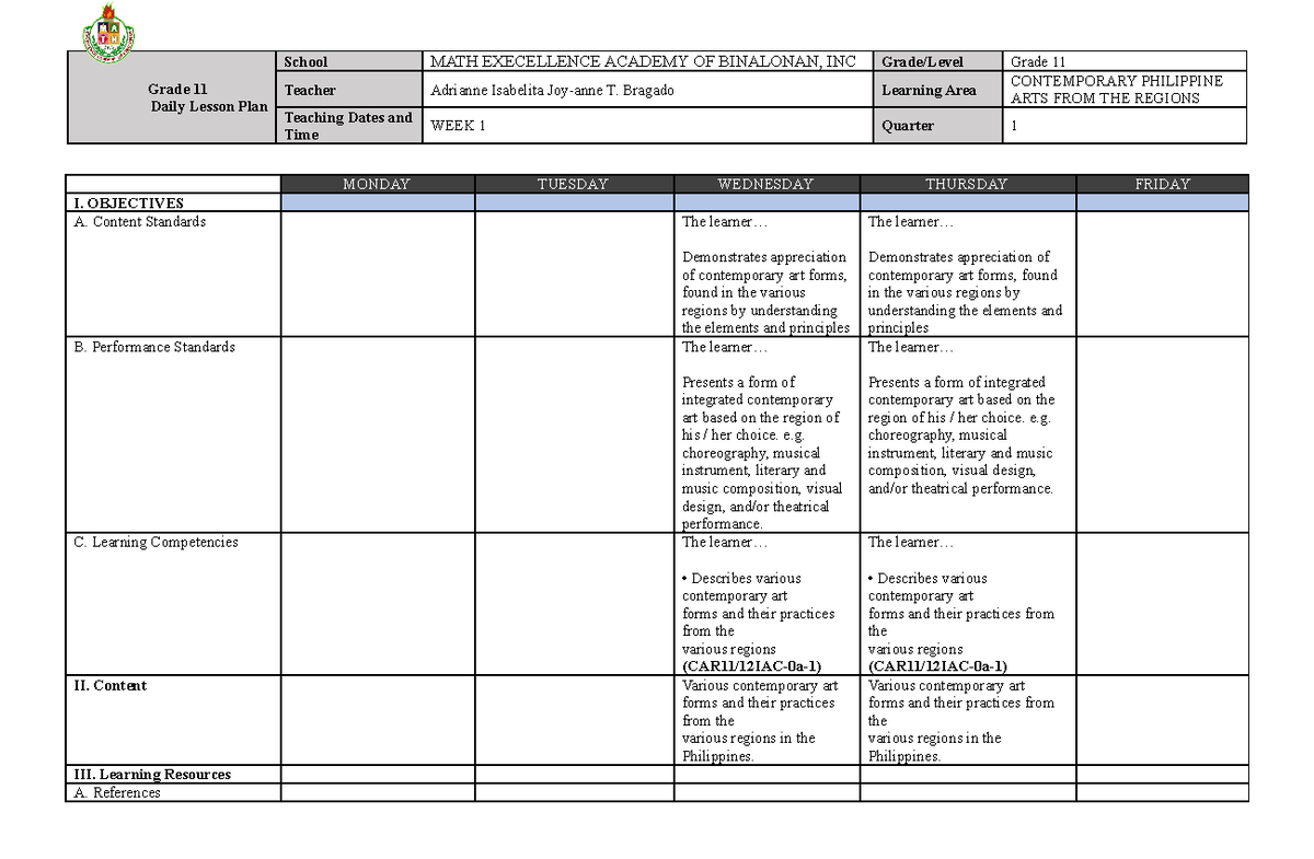 Grade 11 DLP (Q1 - WEEK 1) - Grade 11 Daily Lesson Plan School MATH ...