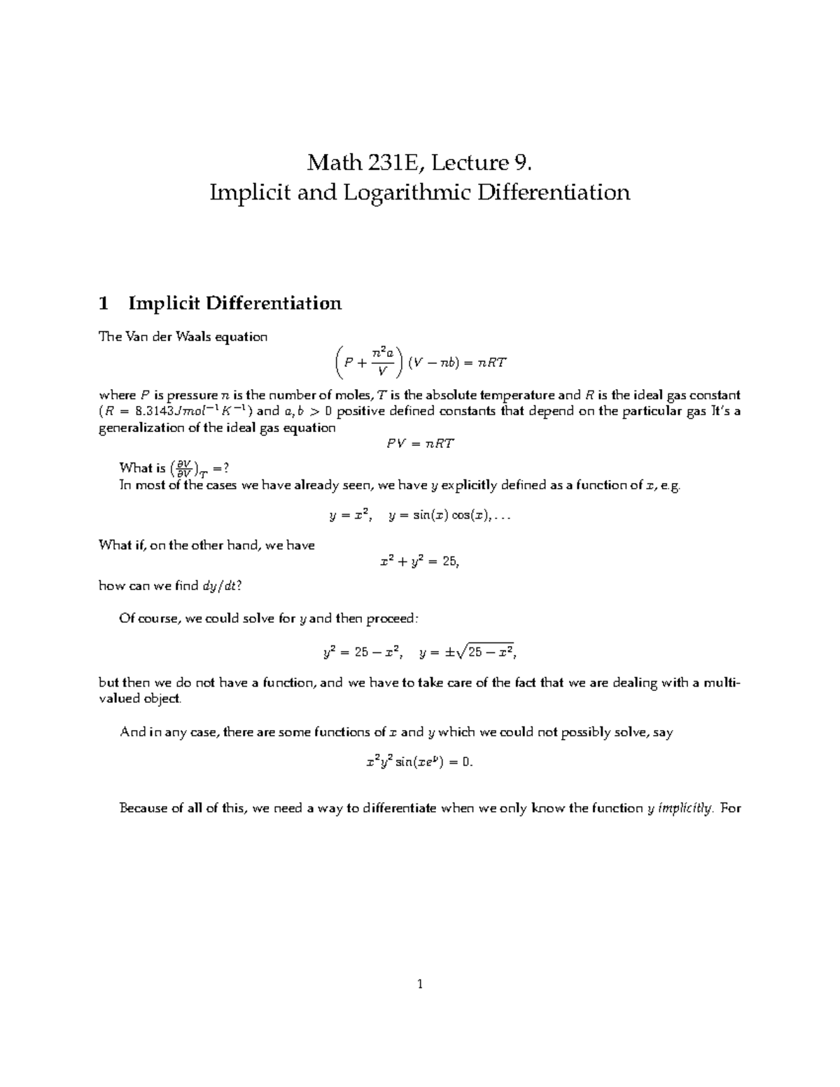 Lecture 9 - Math 231E, Lecture 9. Implicit and Logarithmic ...