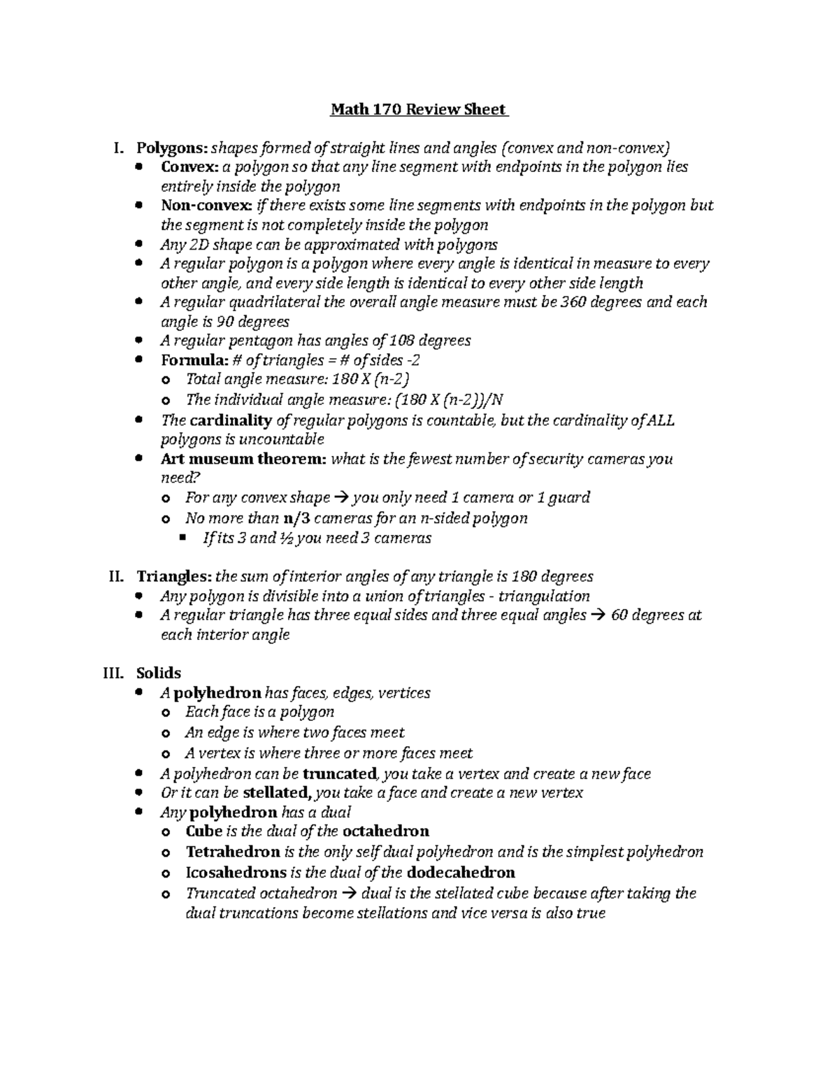 Math 170 Midterm 2 Review Sheet - Math 170 Review Sheet I. Polygons ...