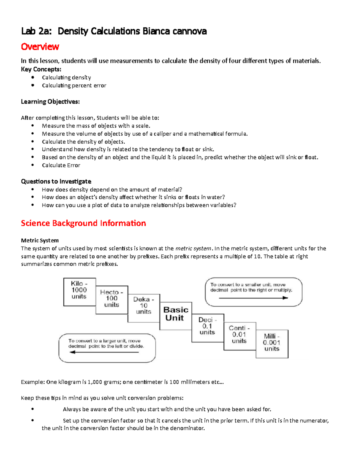 Lab2a Handout Density - Lab 2 a: Density Calculations Bianca cannova ...