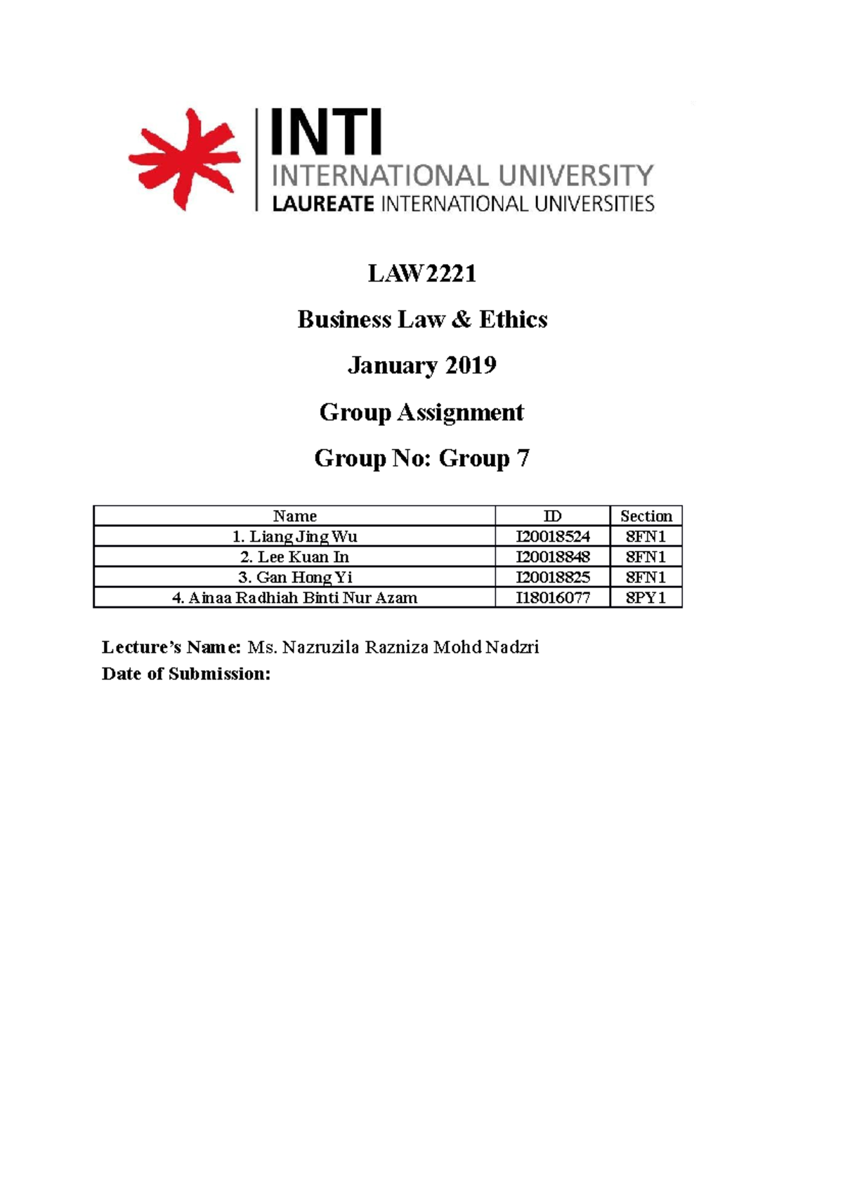 Group Assignment LAW - LAW Business Law & Ethics January 2019 Group ...