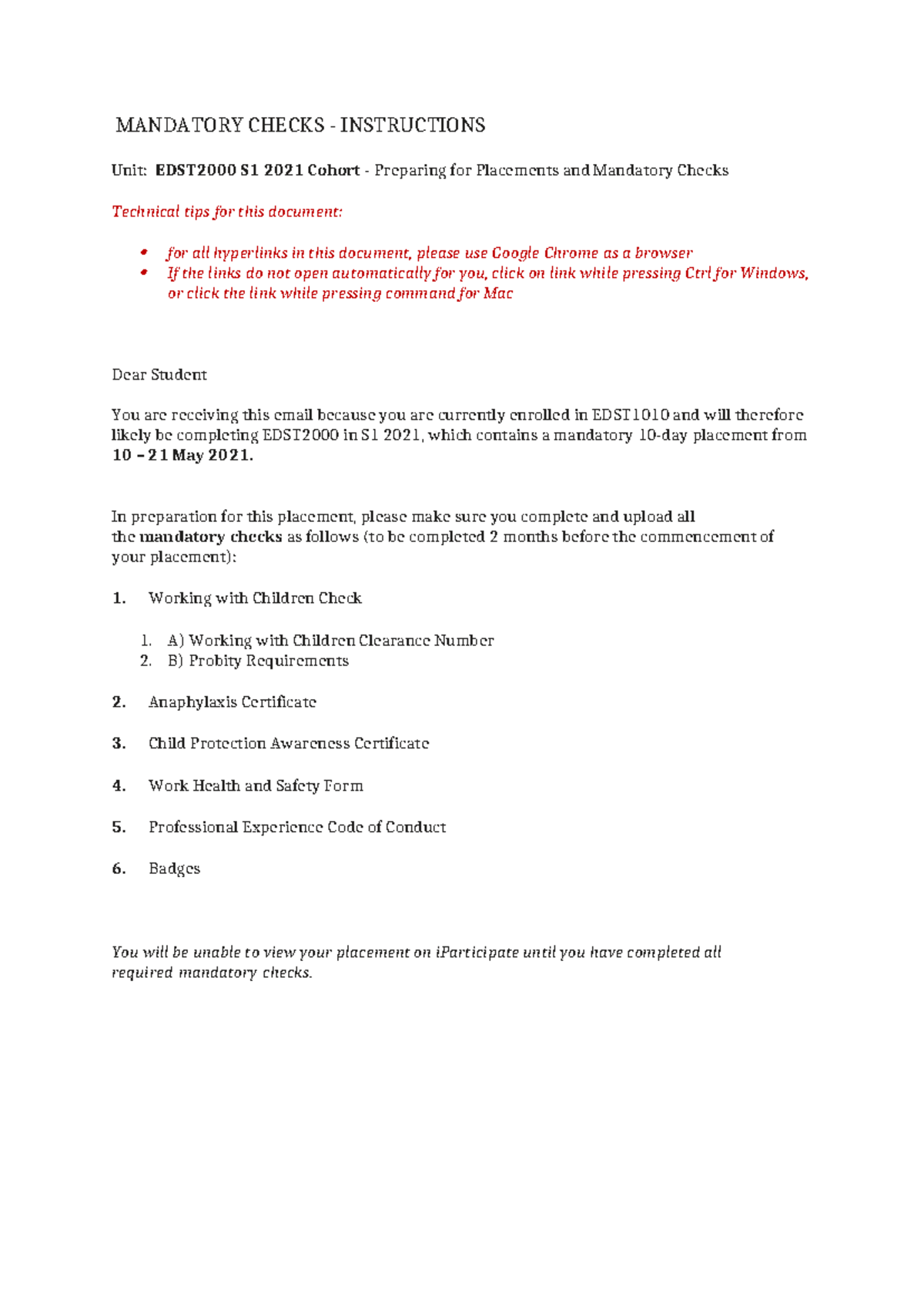 EDST2000 2021 Cohort - Mandatory Checks - MANDATORY CHECKS ...