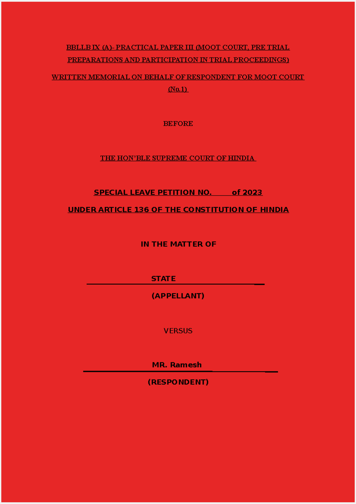Memorial FOR Respondent 2023 - BBLLB IX (A)- PRACTICAL PAPER III (MOOT ...