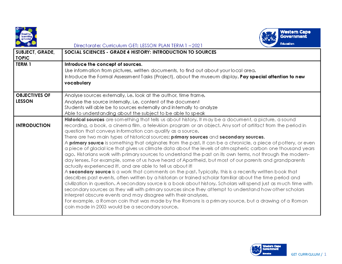 Lesson Plan IP Grade 4 SS History T1 W1 - Directorate: Curriculum GET ...