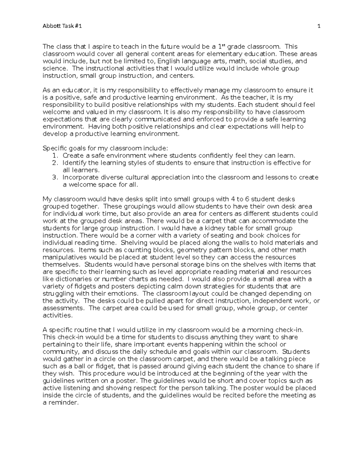 Task 1 - Task 1 - Abbott Task #1 1 The class that I aspire to teach in ...