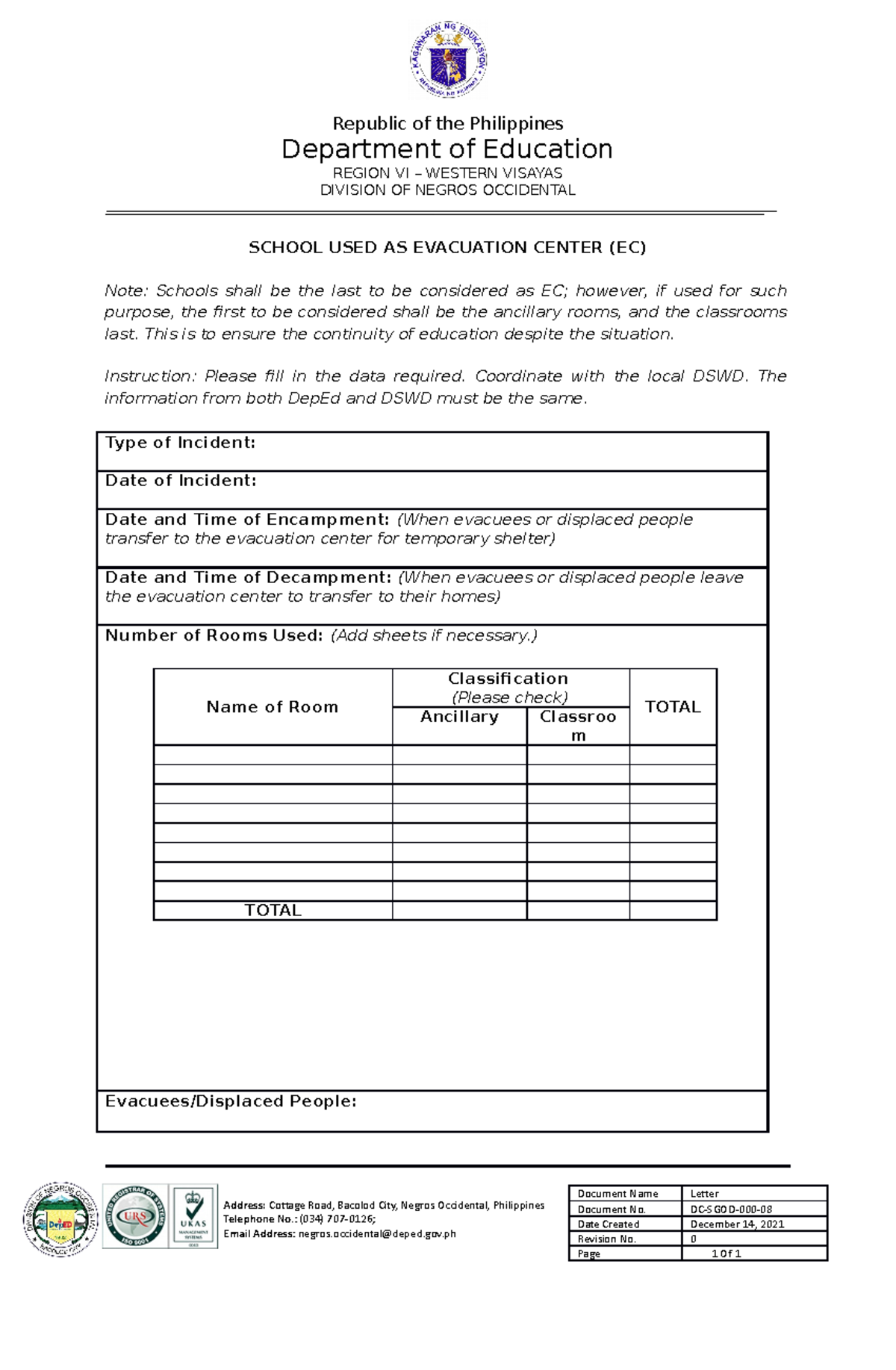 FORM School AS Evacuation Center - Republic of the Philippines ...