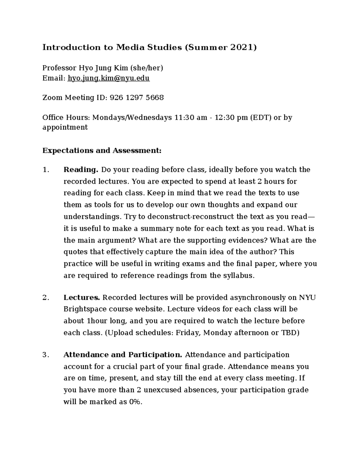 Intro to media - Summer 2021 syllabus - Introduction to Media Studies ...