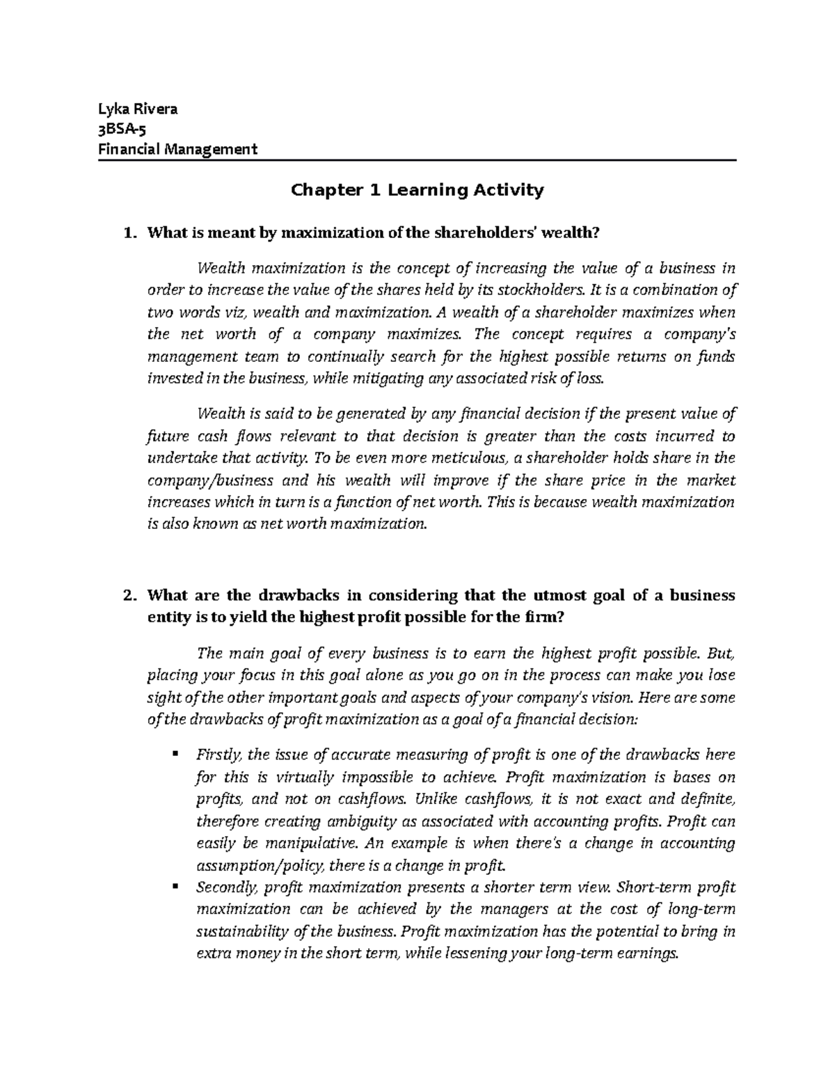 FM Chap 1 Learning activity - Lyka Rivera 3BSA- Financial Management ...
