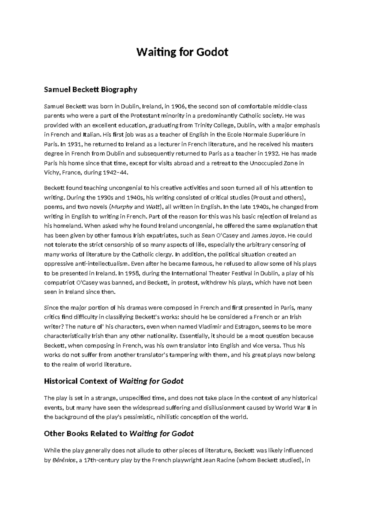 Waiting for Godot - Waiting for Godot Samuel Beckett Biography Samuel ...