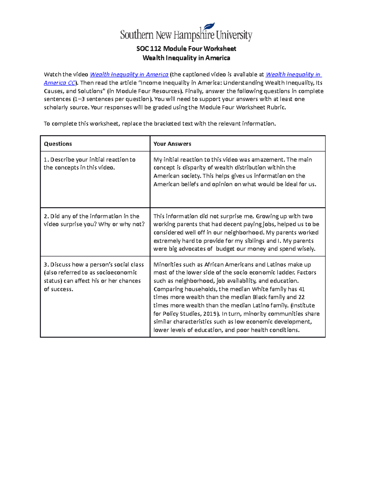 SOC 112 Module Four Worksheet - SOC 112 Module Four Worksheet Wealth ...
