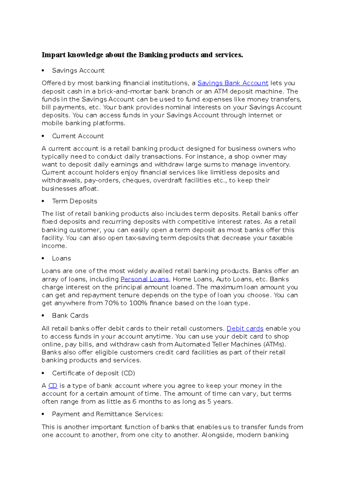 BANKING PRODUCTS AND SERVICES - Impart knowledge about the Banking ...