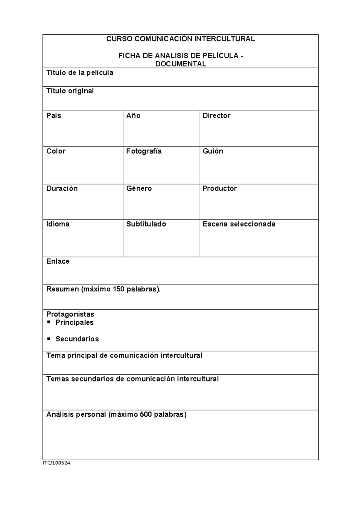 Ficha CINE CON INT - CURSO COMUNICACIÓN INTERCULTURAL FICHA DE ANALISIS DE PELÍCULA - DOCUMENTAL ...