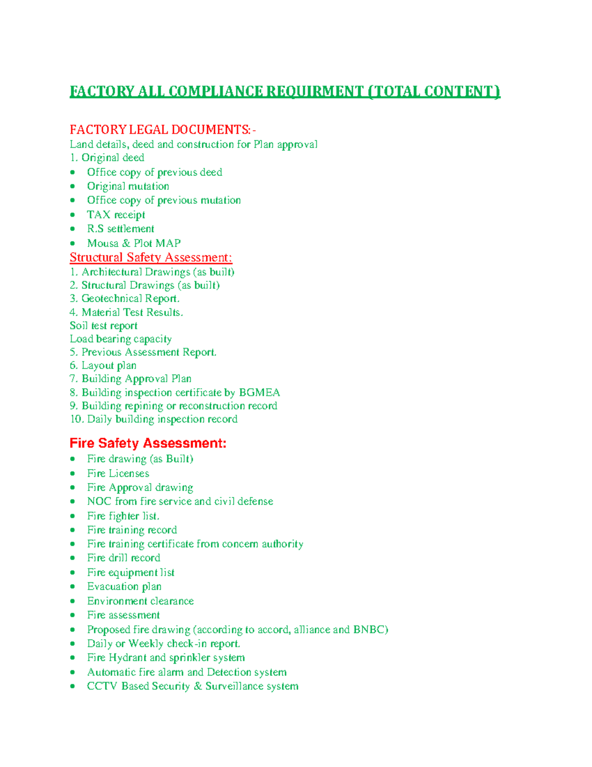 Factory Total Compliance Documents Checklist - FACTORY ALL COMPLIANCE ...