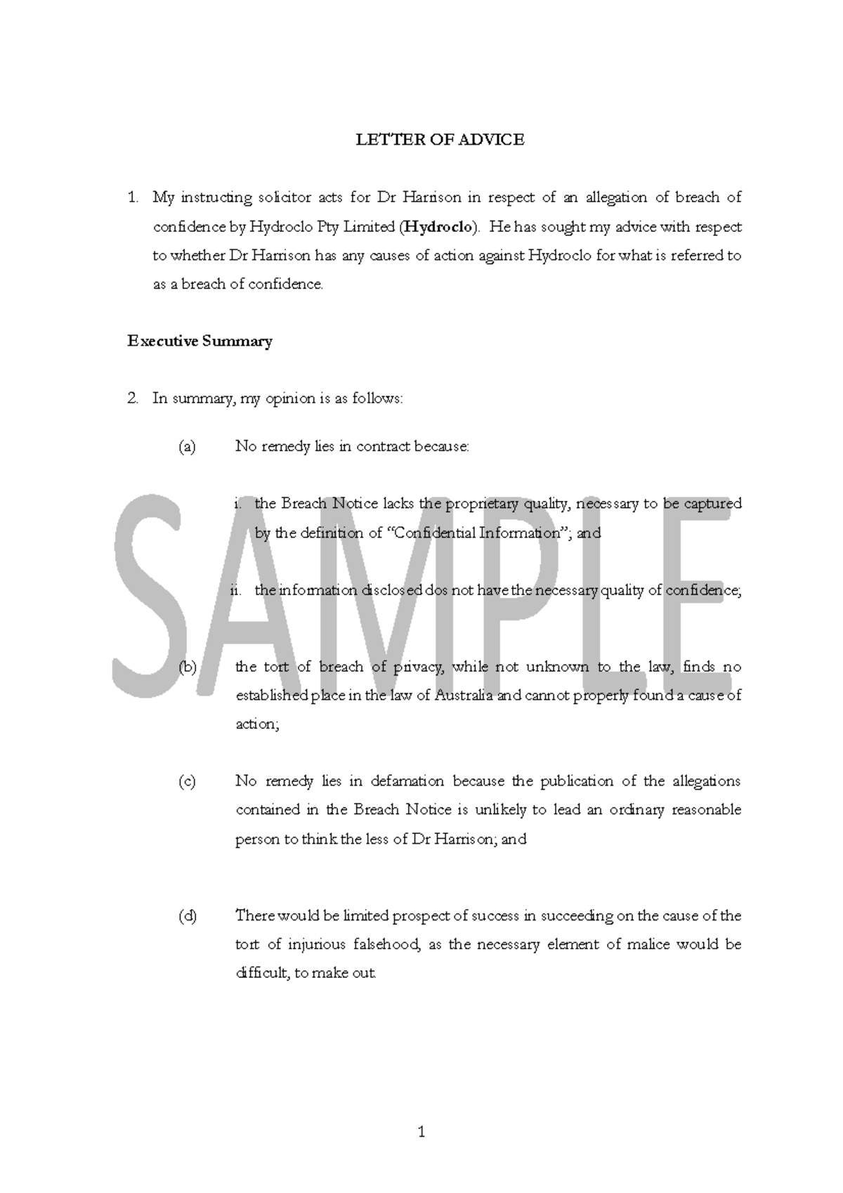 Example of Letter of Advice LAW499 - LETTER OF ADVICE My instructing ...