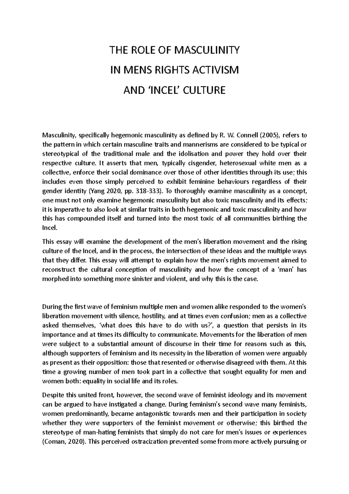 Esssay 110292657 - THE ROLE OF MASCULINITY IN MENS RIGHTS ACTIVISM AND ...