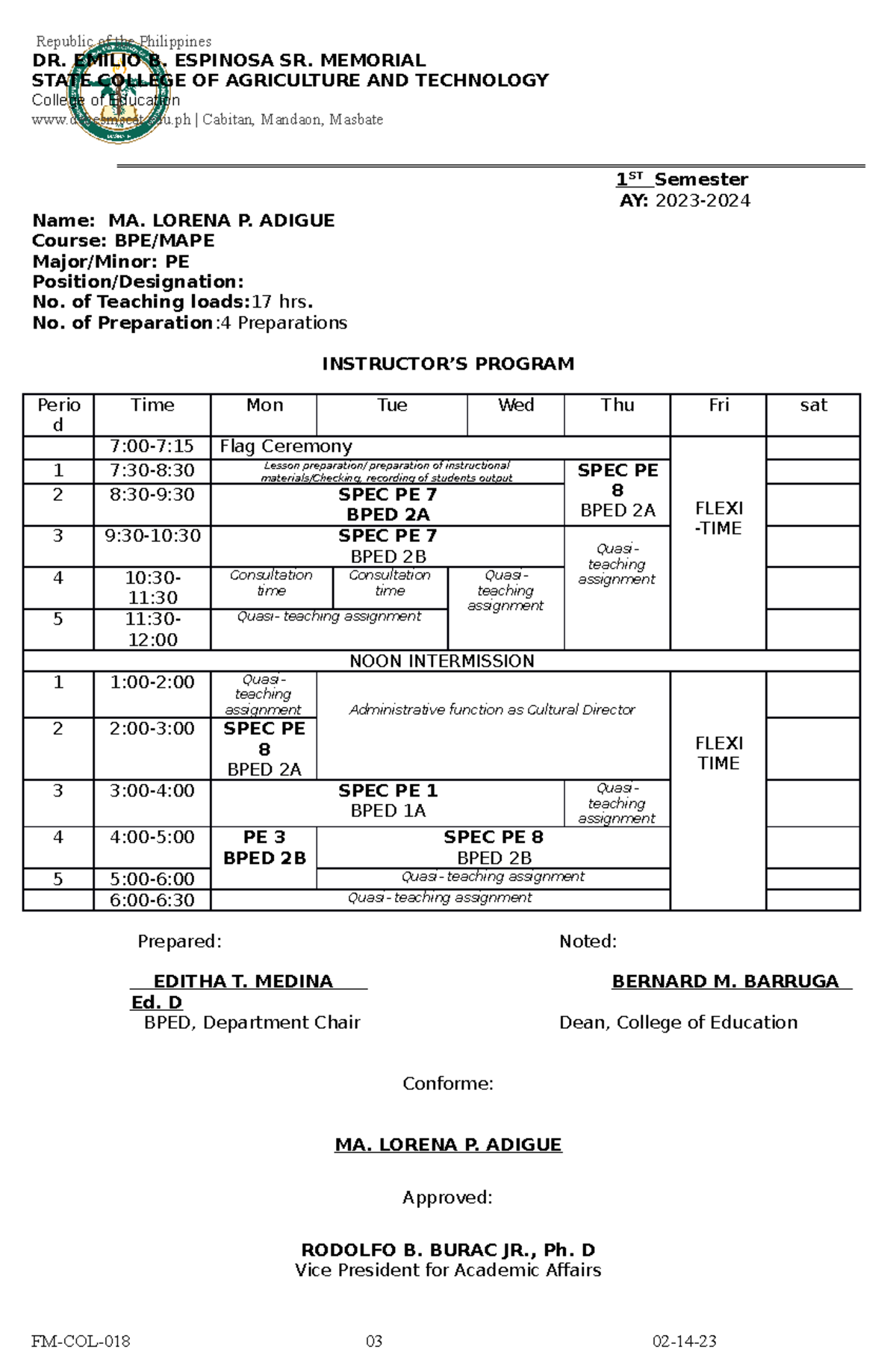 BPED Class program 2022 2023 - DR. EMILIO B. ESPINOSA SR. MEMORIAL ...