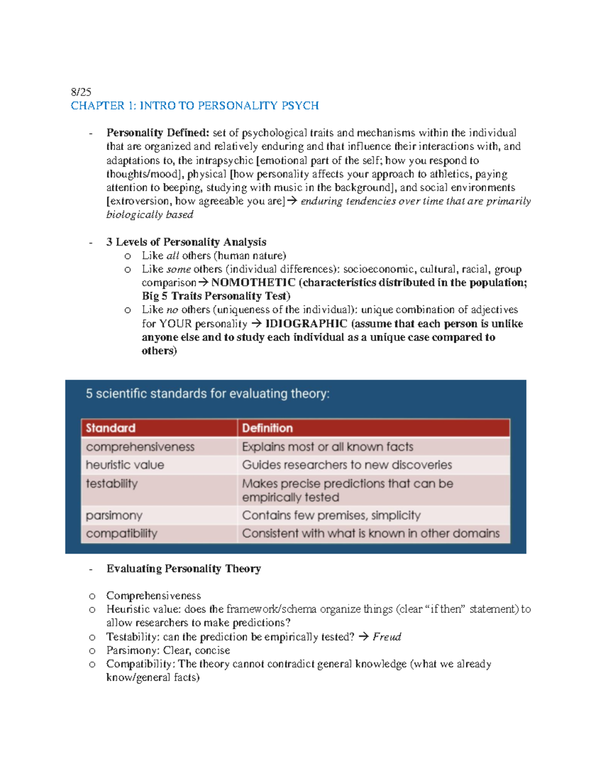 Psych of Personality 8/28 Notes - 8/ CHAPTER 1: INTRO TO PERSONALITY ...
