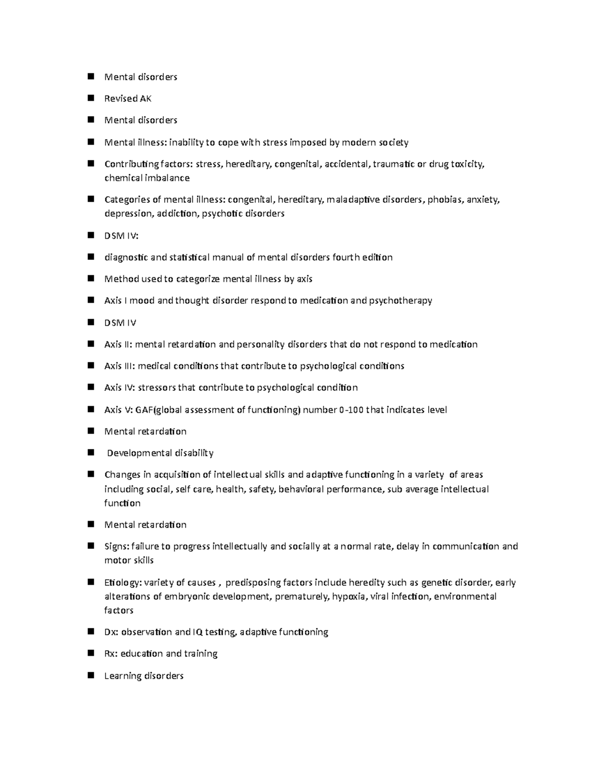 Mental disorders - Lecture notes and handout information from PTA 221 ...