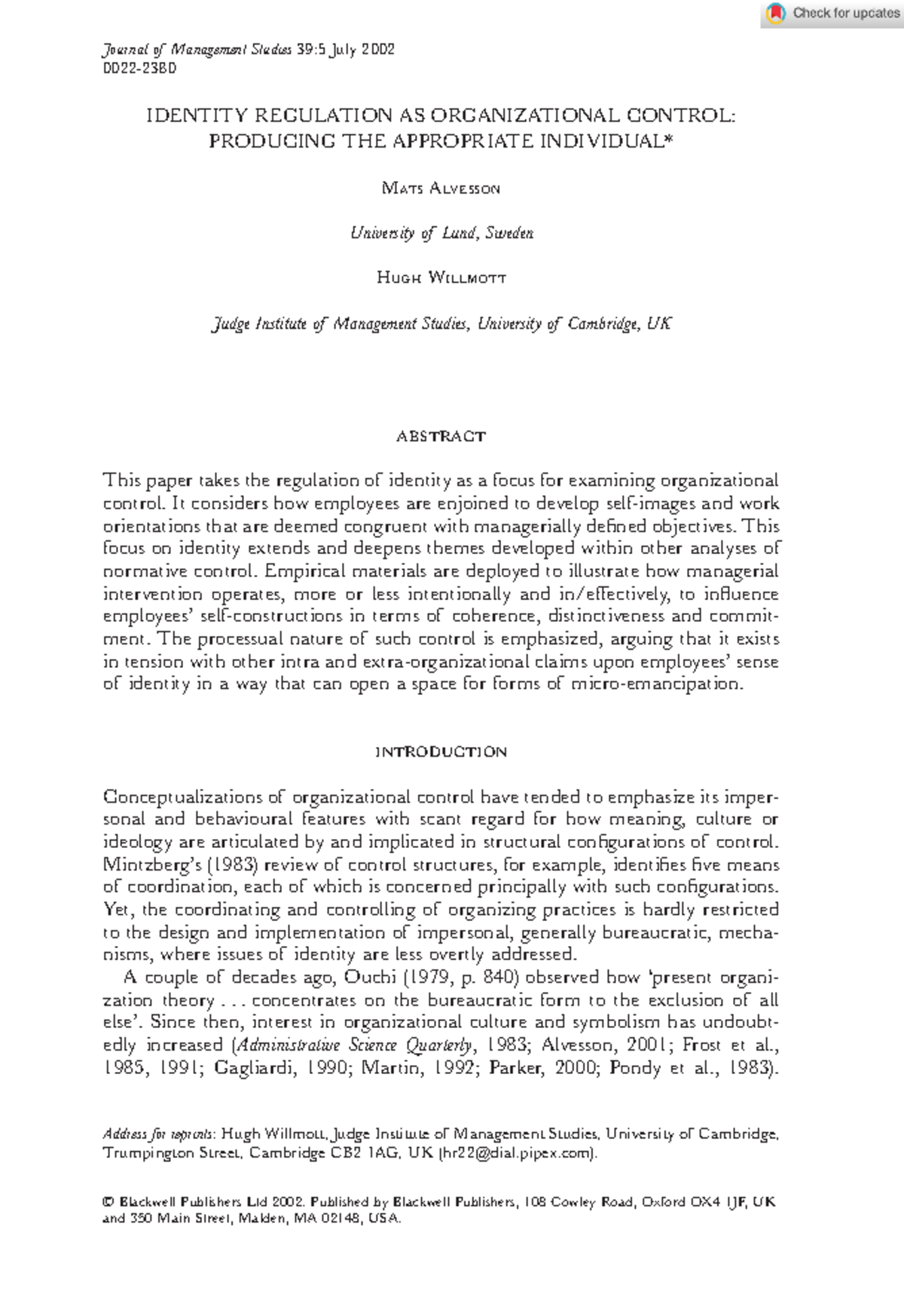 J Management Studies - 2002 - Alvesson - Identity Regulation as ...