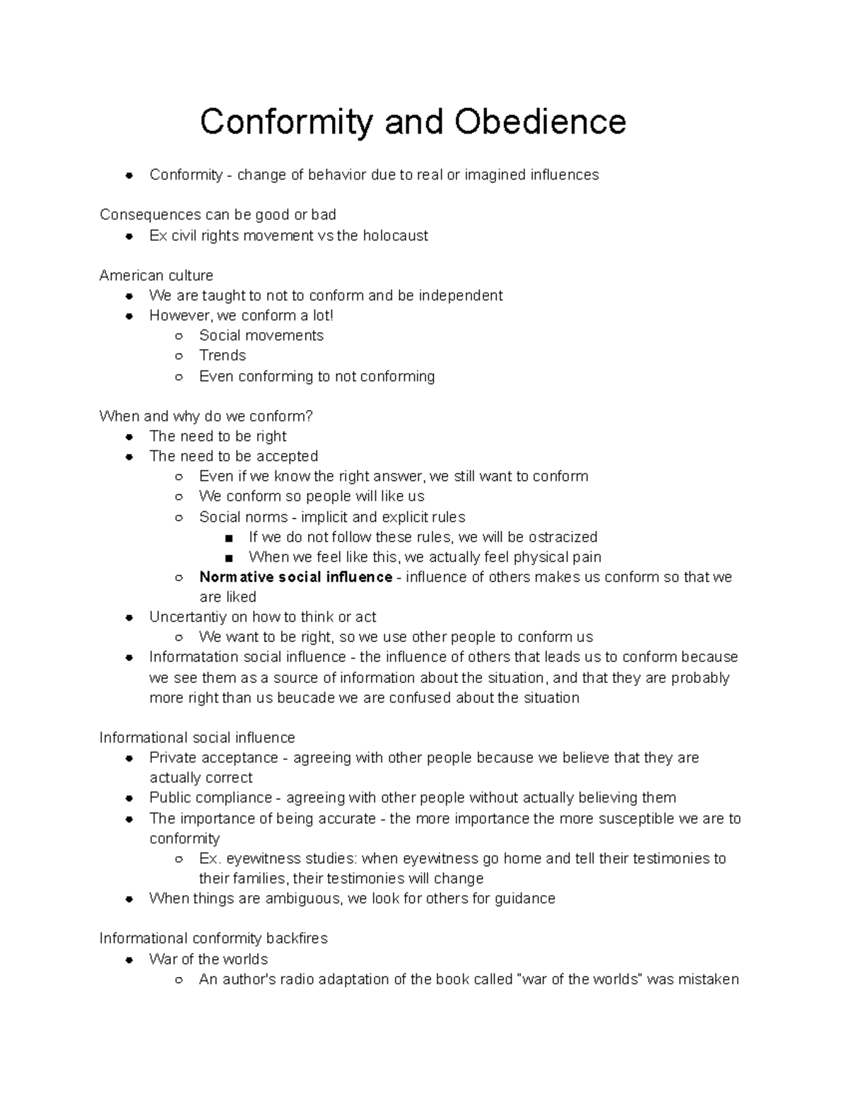Conformity and Obedience Notes - Conformity and Obedience Conformity ...
