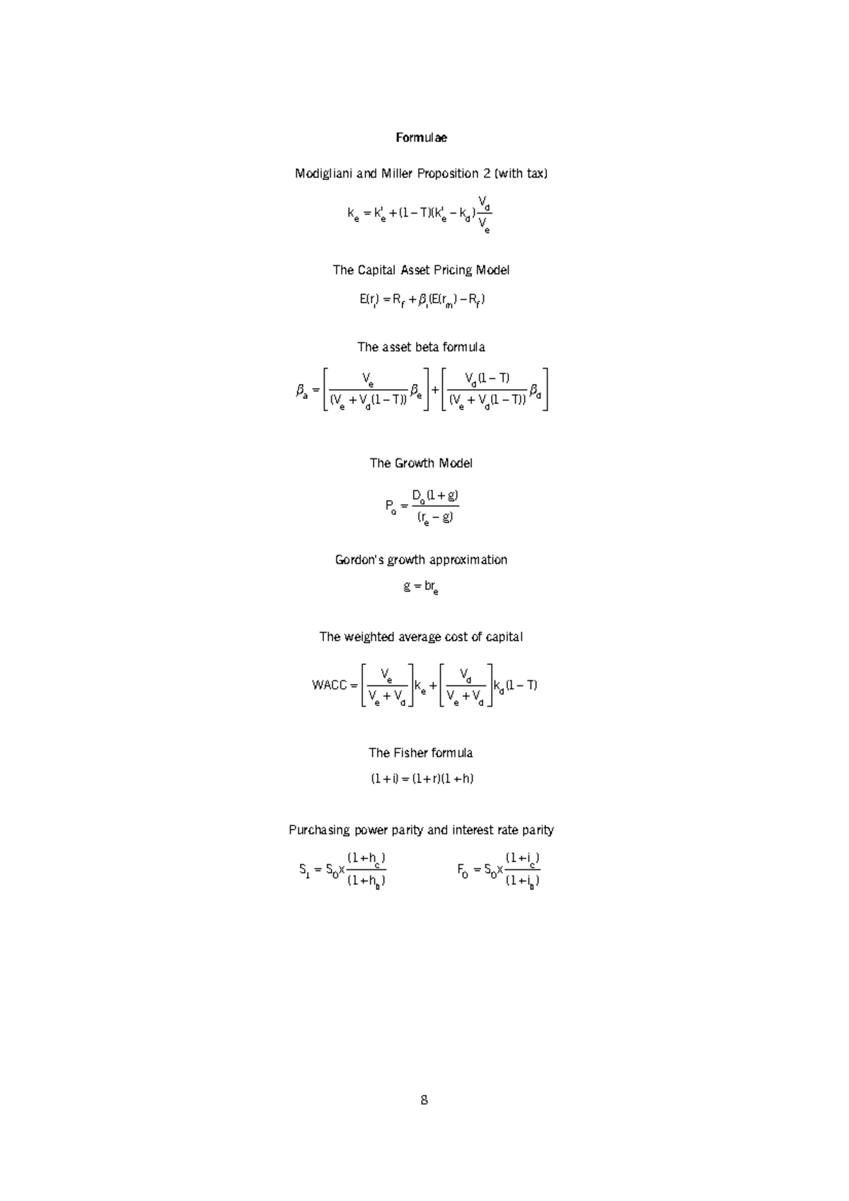 P4 Formulae Sheet - formula - 8 Formulae Modigliani and Miller ...