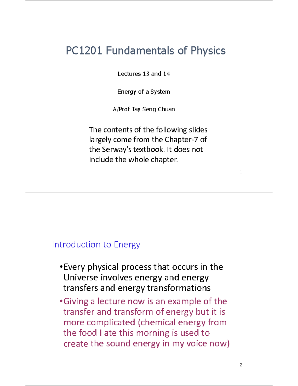PC1201 Chpt 7 (Energy) - lecture notes - 1 PC1201 Fundamentals of ...