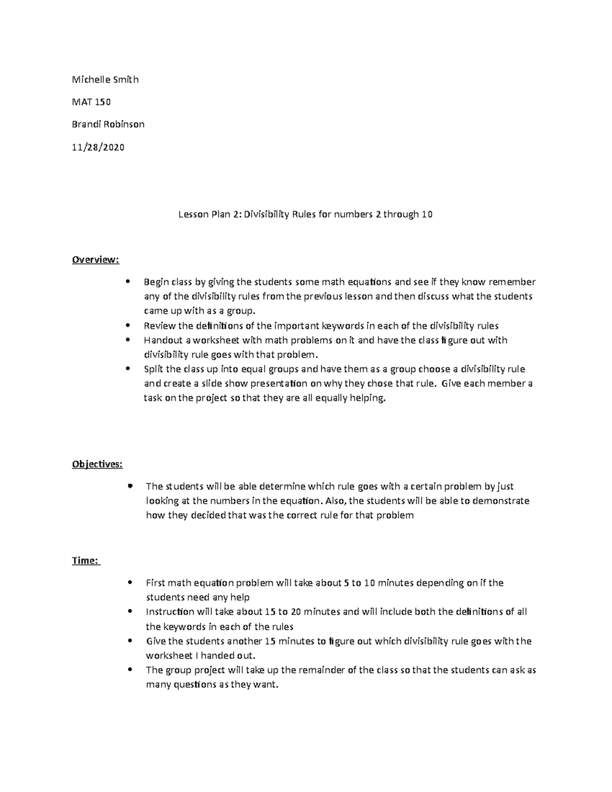 Lesson Plan 2 - Be very detailed - Michelle Smith MAT 150 Brandi ...