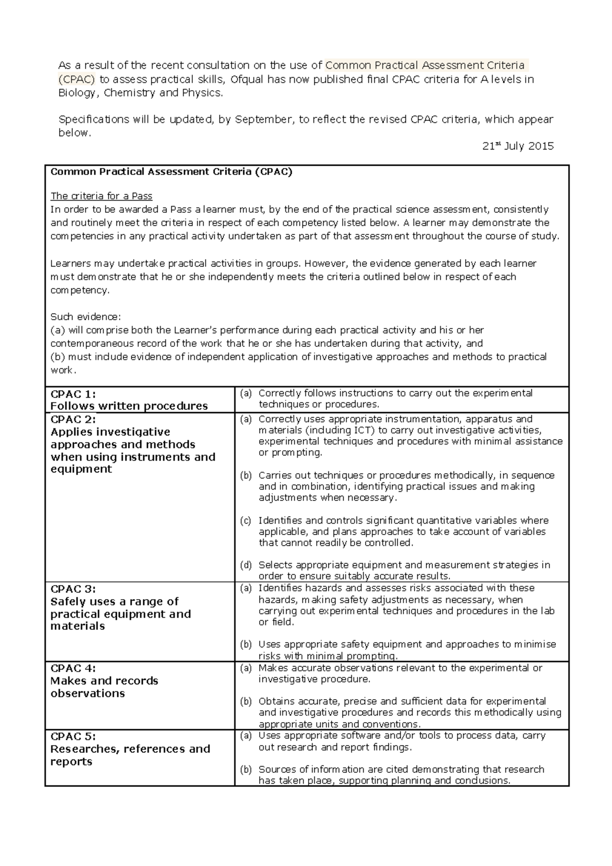 CPAC-criteria - k - As a result of the recent consultation on the use ...