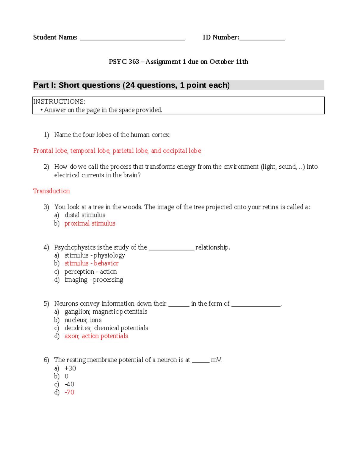 Assignment 1w with solutions - Student Name: ______________________________ ID Number ...