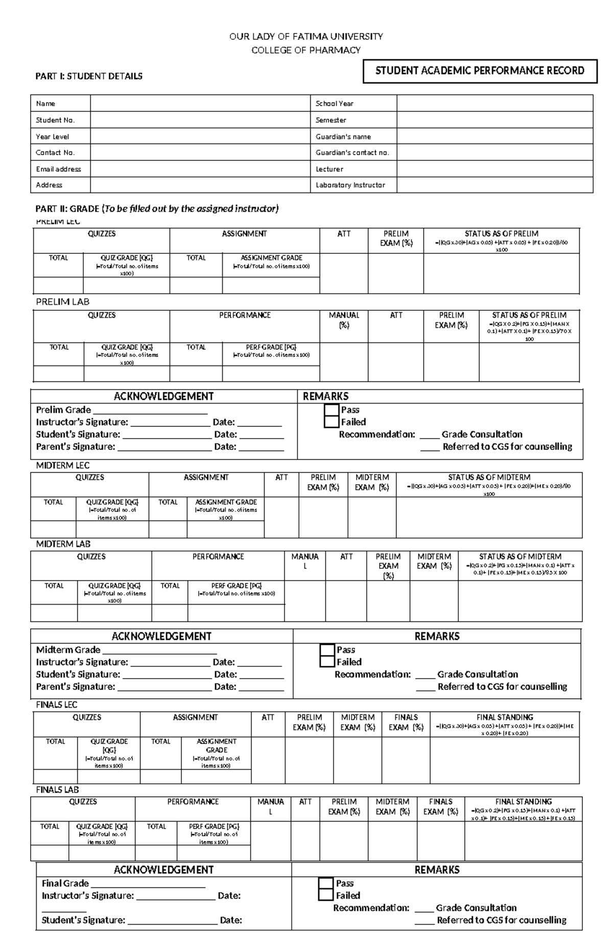 Student Academic Performance Record - OUR LADY OF FATIMA UNIVERSITY ...