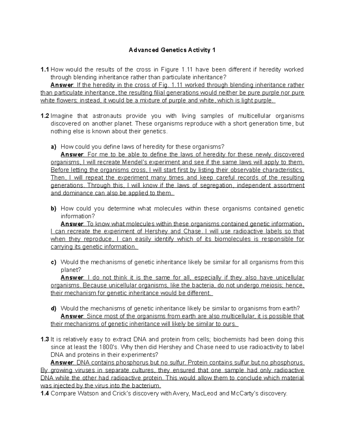 Task 1- Genetics - Advanced Genetics Activity 1 1 How would the results ...