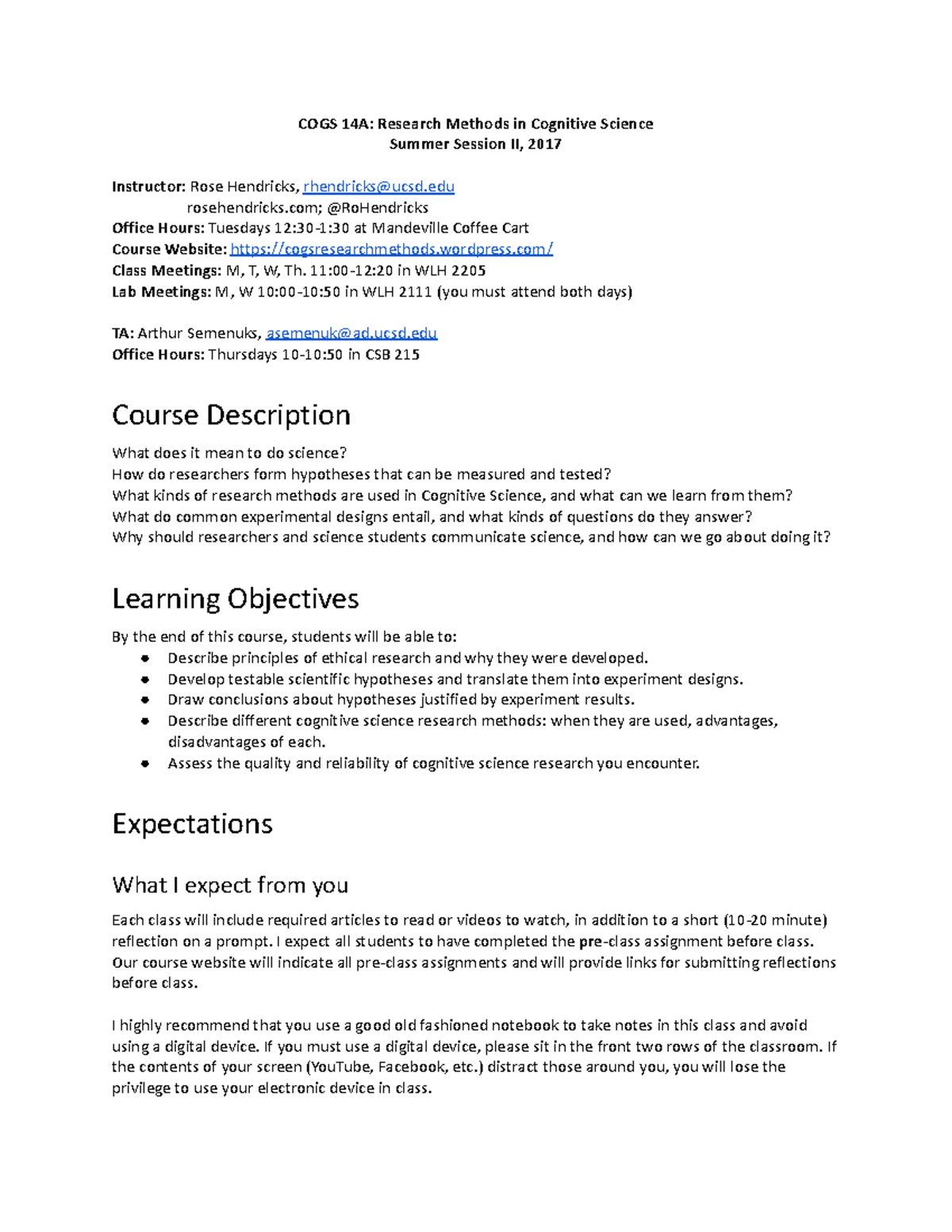 Syllabus - COGS 14A: Research Methods in Cognitive Science Summer ...