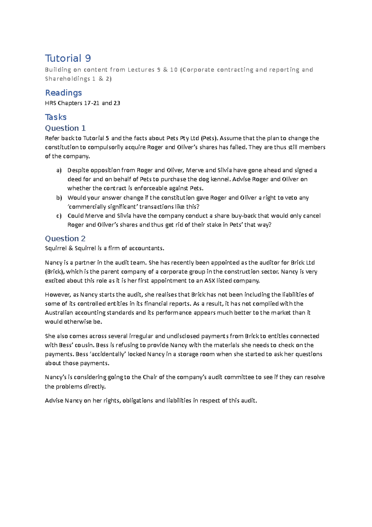 Tutorial 9 - Tutorial 9 Building on content from Lectures 9 & 10 ...