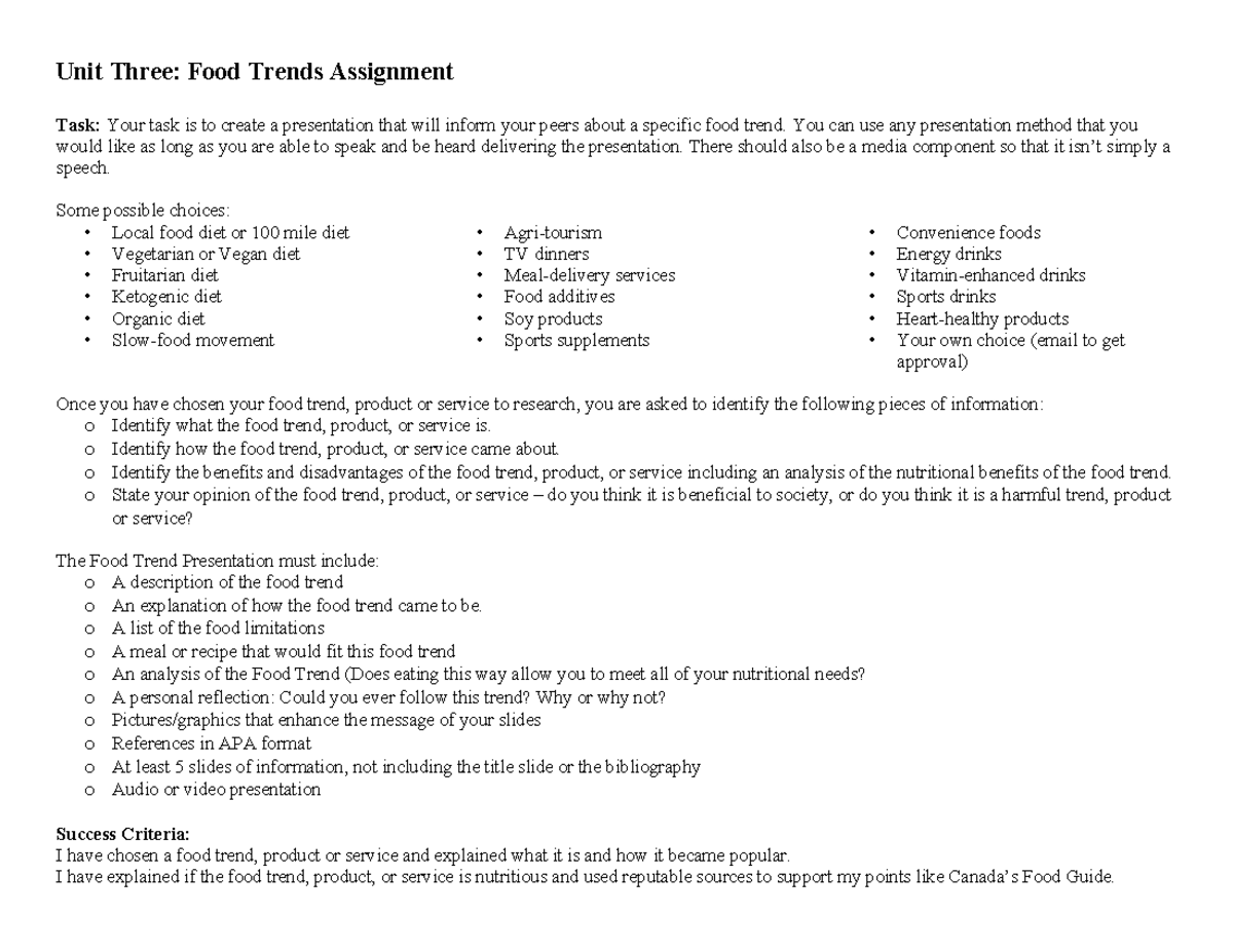 Food Trends Assginment and Rubric - Unit Three: Food Trends Assignment ...