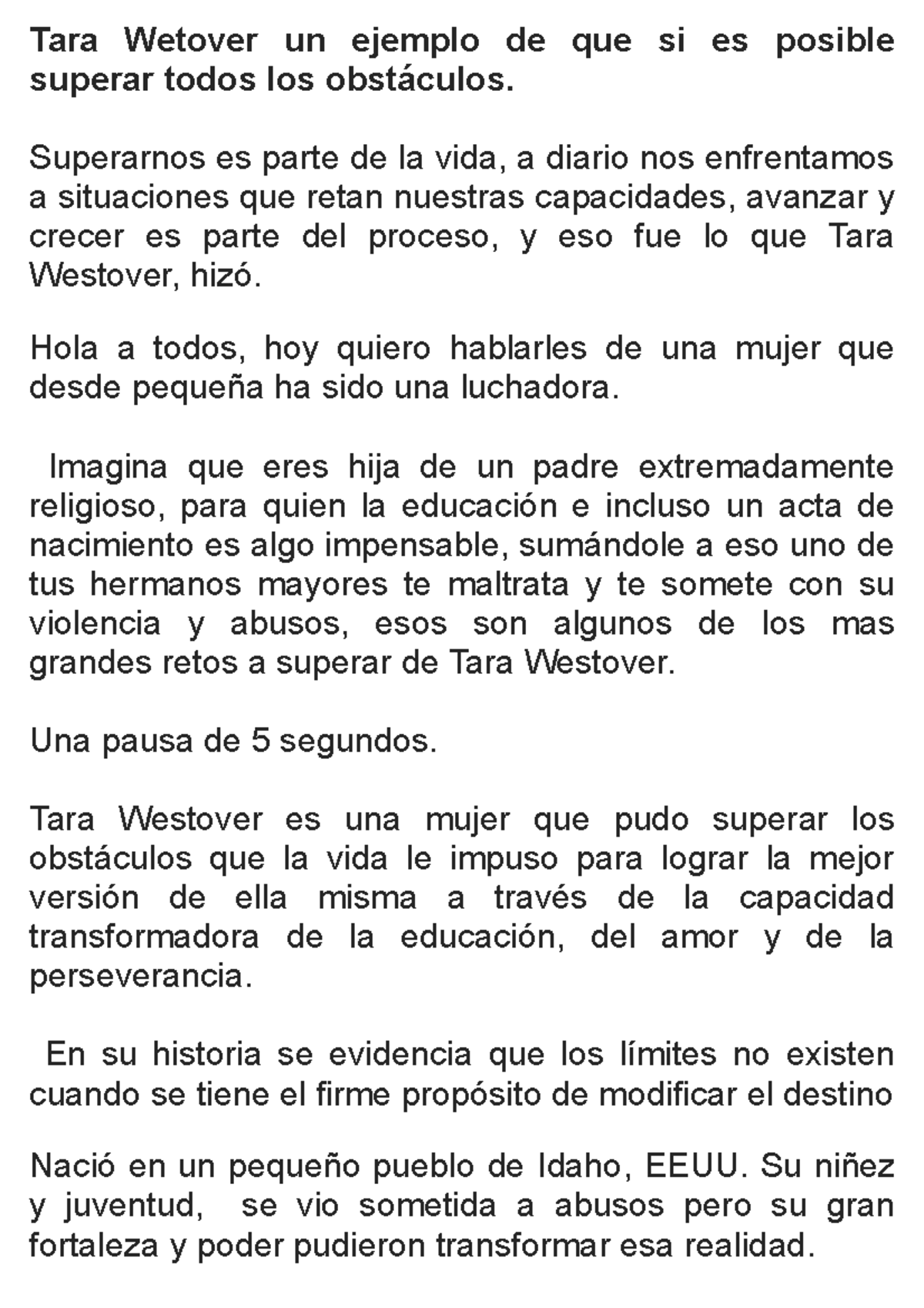 Tara Westover, texto corregido - Tara Wetover un ejemplo de que si es ...