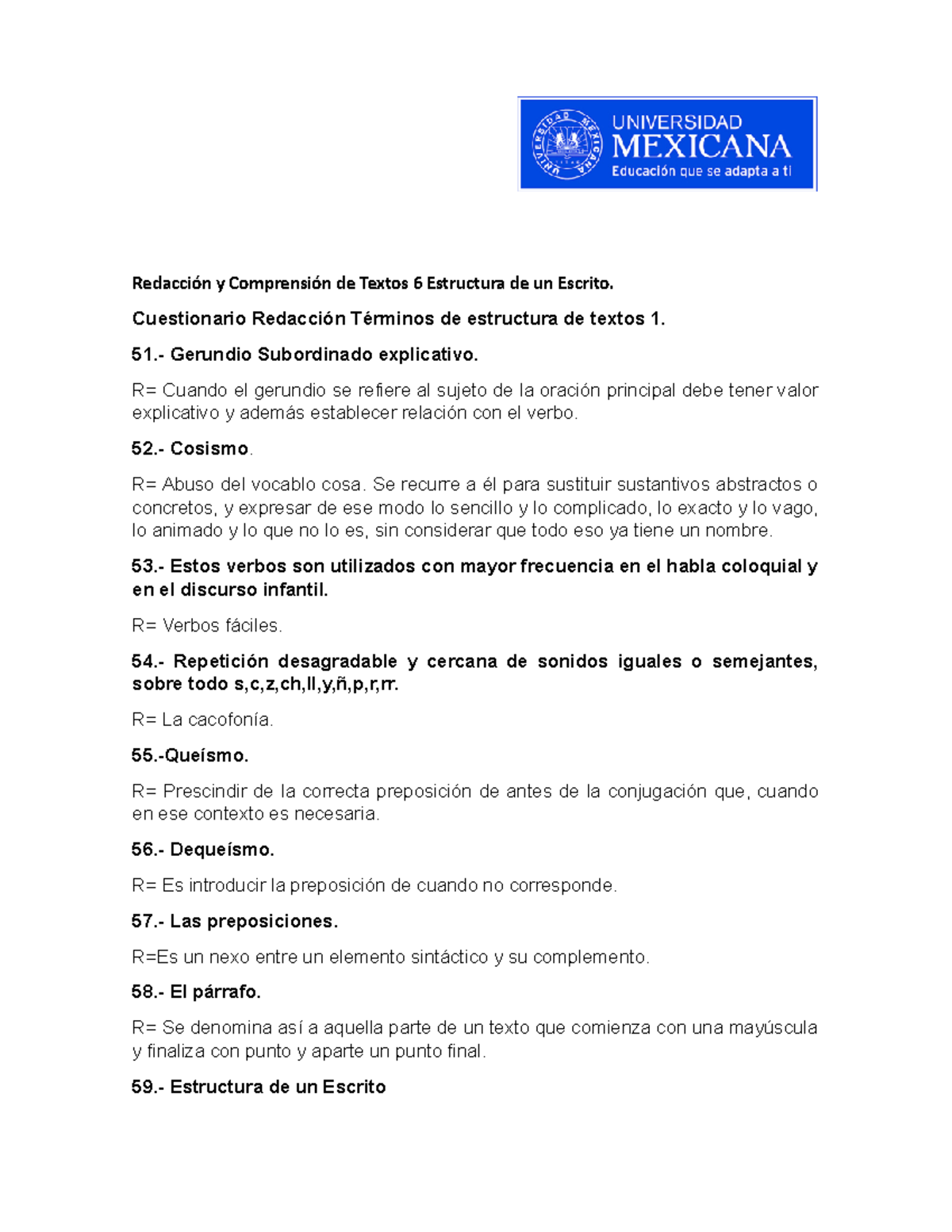 Estructura de un Escrito 6 - Cuestionario Redacción Términos de ...