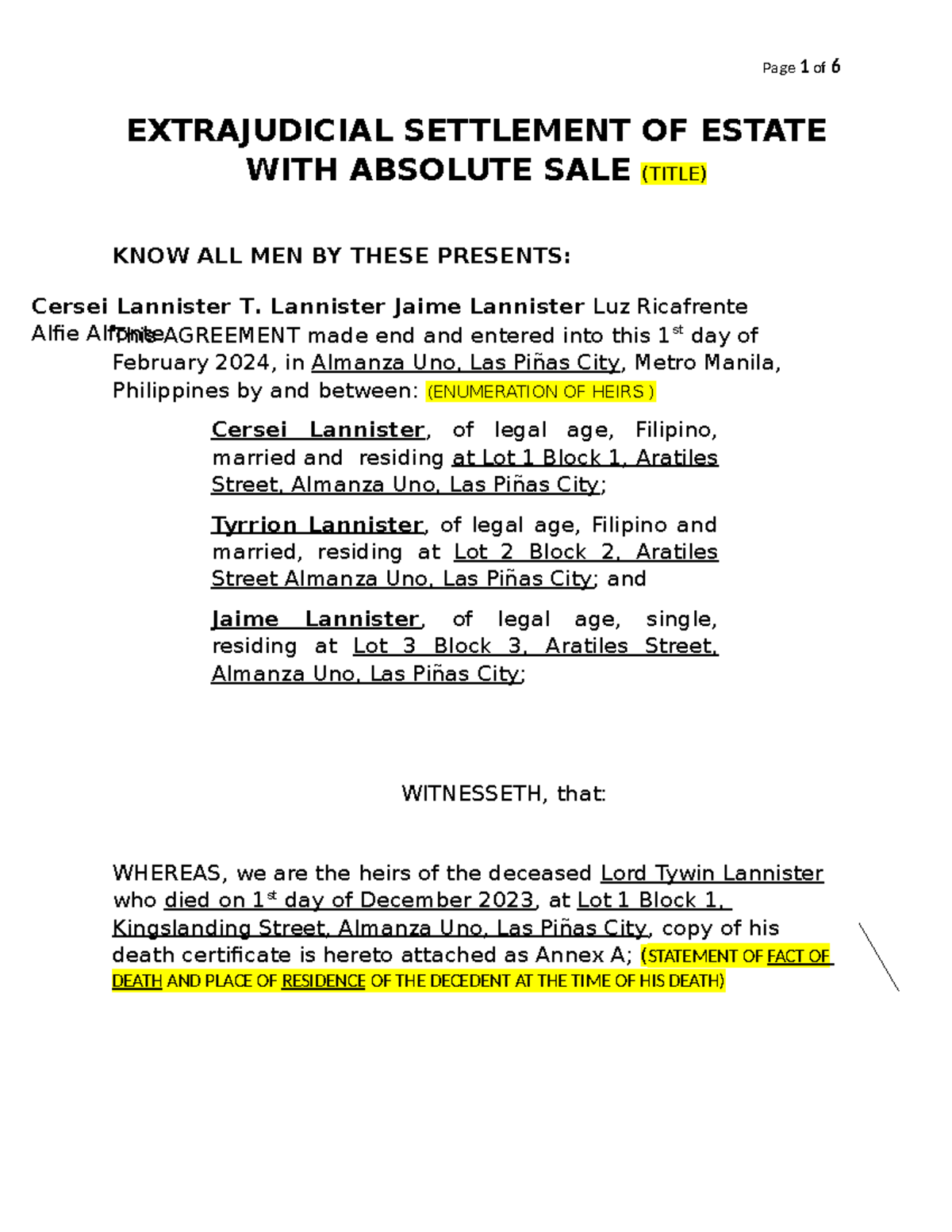 EJS Legal Forms - EXTRAJUDICIAL SETTLEMENT OF ESTATE WITH ABSOLUTE SALE (TITLE) KNOW ALL MEN BY ...