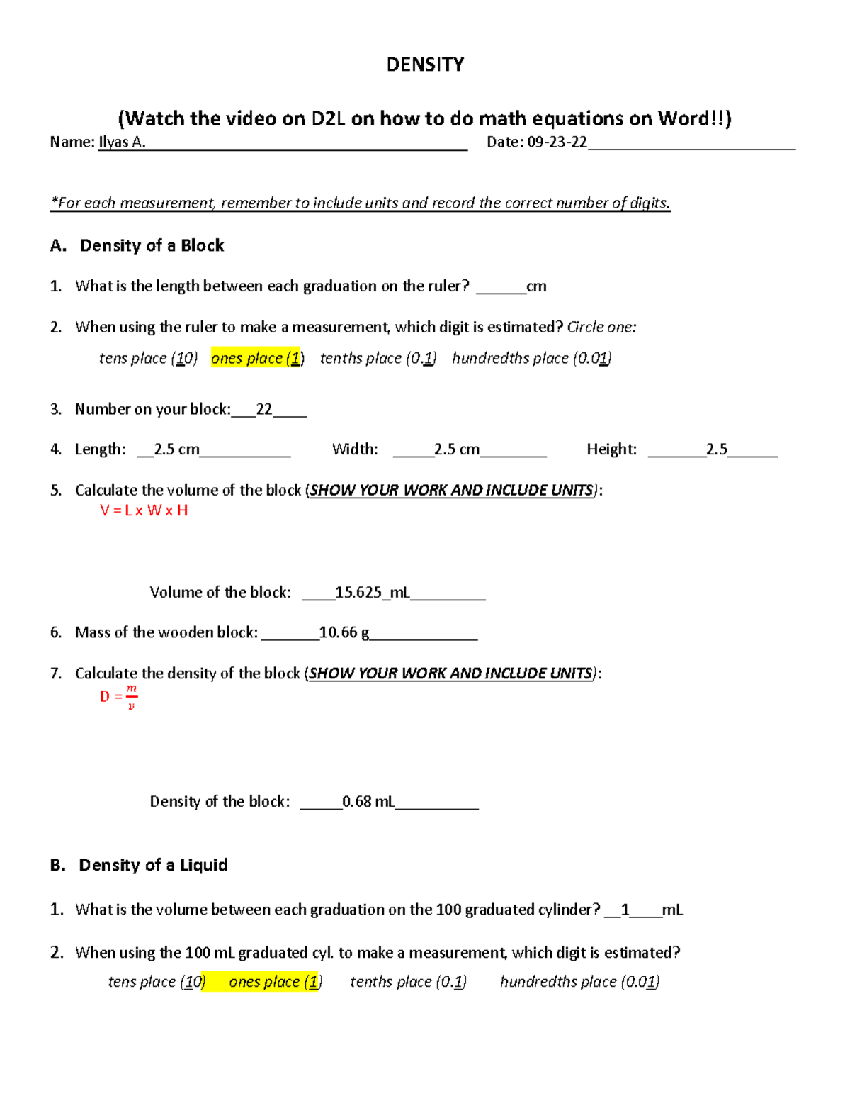 Density Lab Data Sheet - DENSITY (Watch the video on D2L on how to do ...