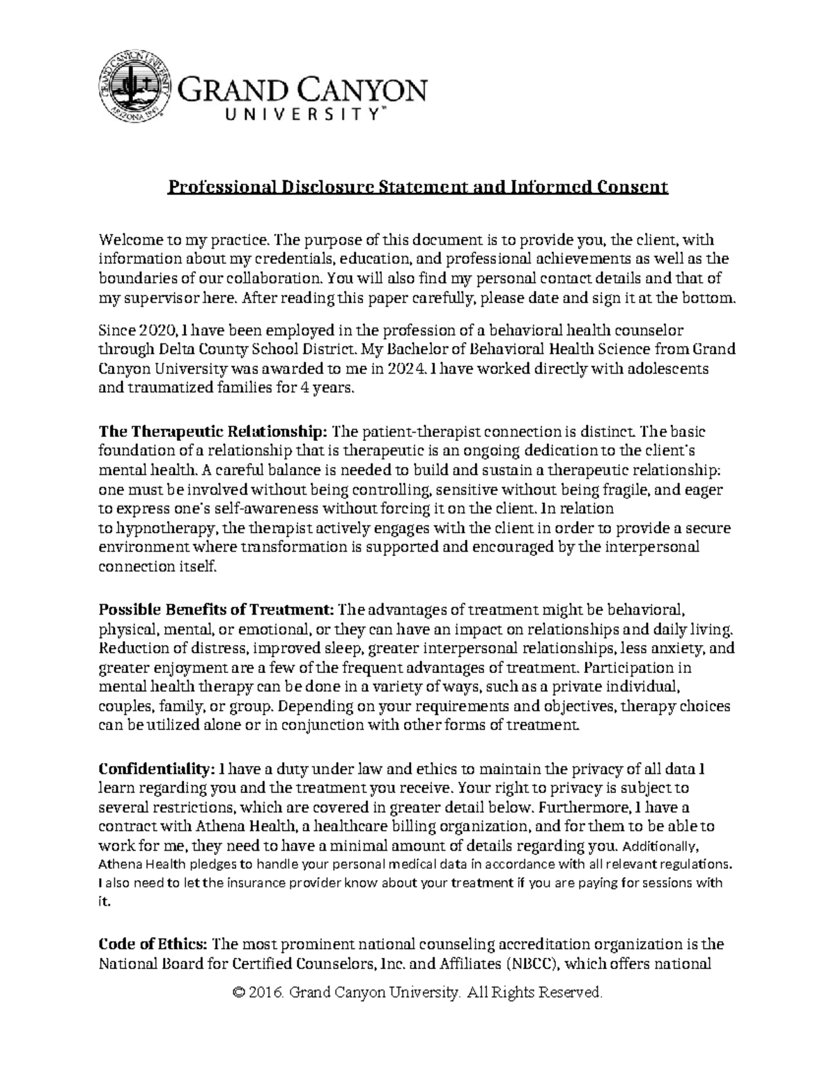 BHS-440 - essay - Professional Disclosure Statement and Informed Consent Welcome to my practice ...