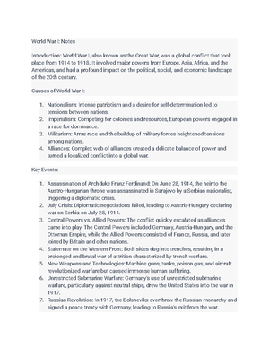 World War I Notes - World War I: Notes Introduction: World War I, also ...