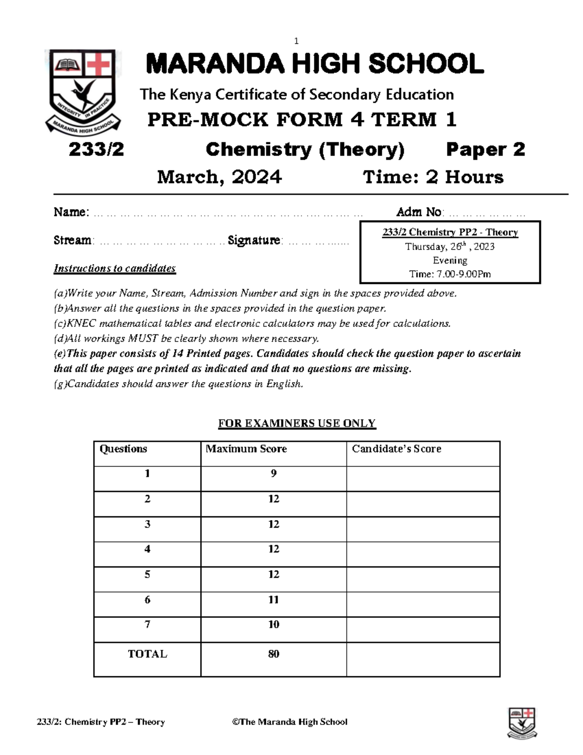 CHEM PP2 QNS - MARANDA HIGH SCHOOL The Kenya Certificate of Secondary ...